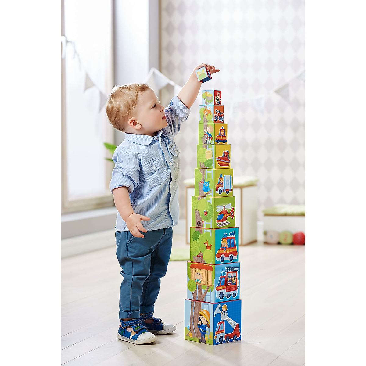 HABA Fire Brigade Sturdy Cardboard Nesting & Stacking Cubes - Reinforcing Numbers 1-10 with Rescue Themes on Each Side