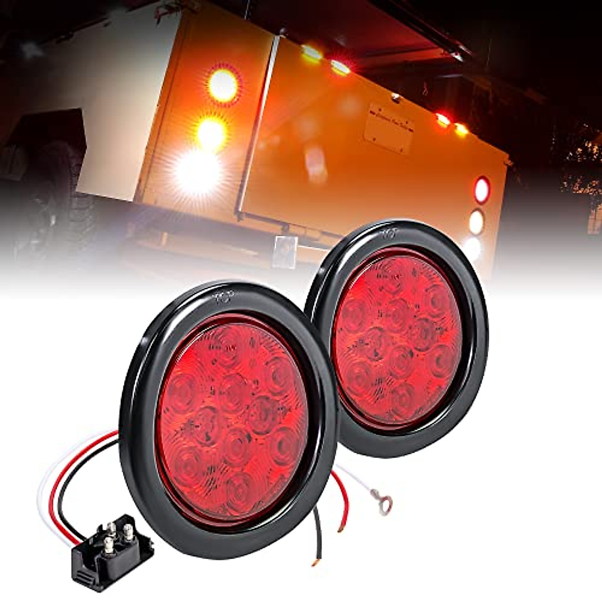 TRUE MODS 2pc 4" Round Red LED Trailer Tail Lights [DOT Certified] [Grommet & Plug Included] [IP67 Waterproof] Turn Stop Brake Trailer Lights for RV Trucks
