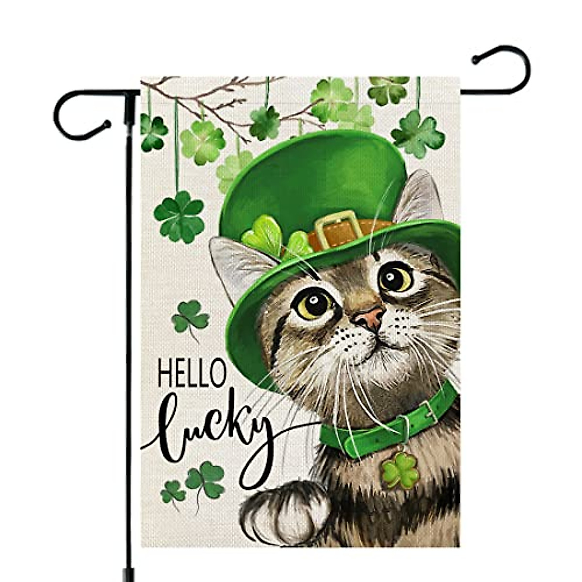 CROWNED BEAUTY St Patricks Day Cat Garden Flag 12x18 Inch Double Sided for Outside Small Hello Lucky Burlap Green Shamrocks Clovers Hat Yard Holiday Decoration