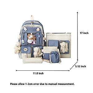 Kawaii Backpack with Cute Pins Aesthetic Accessories, Shoulder Bag with Pencil Bag Waist Bag Set for Girls (Blue, One size)