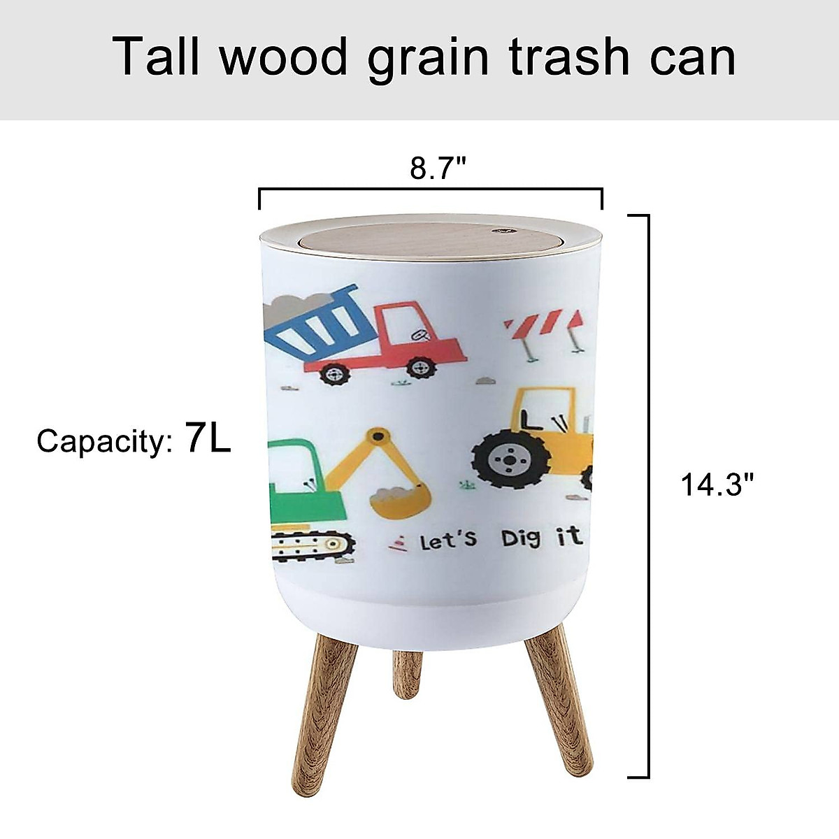 KCDCYCZEAL Small Trash Can with Lid Cute Construction Trucks for Kids Round Recycle Bin Press Top Dog Proof Wastebasket for Nursery Playroom Bedroom Office 7L/1.8 Gallon