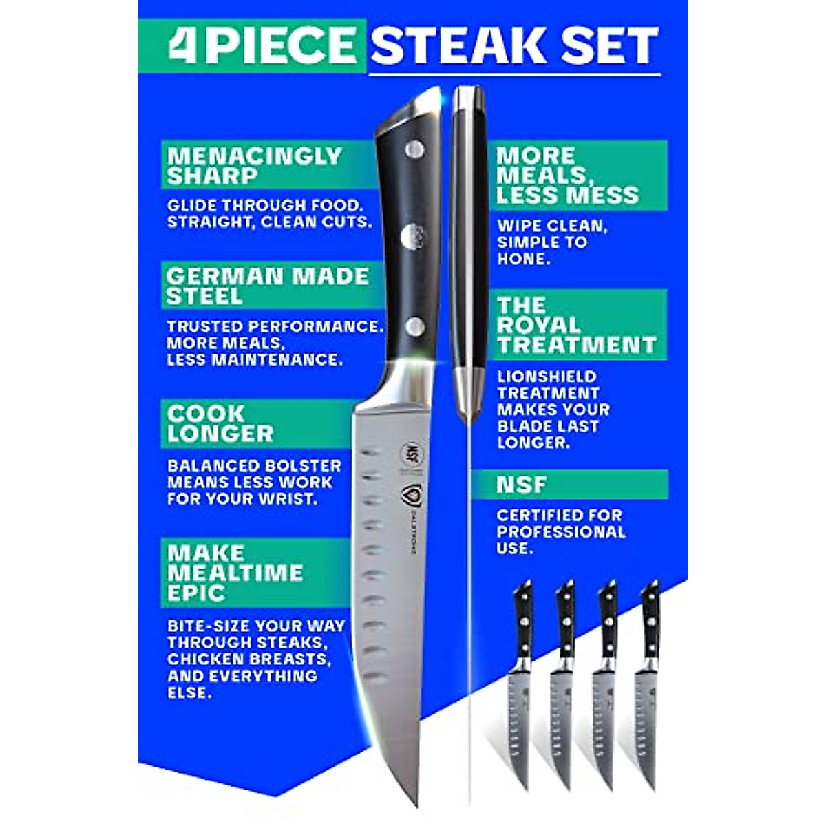 Dalstrong Gladiator Elite Series Forged High Carbon German Steel Steak 4-Piece Kitchen Knife Set with Black G10 Handle, 5 Inches, Sheaths Included