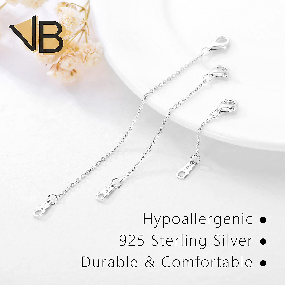 Sterling Silver Necklace Extenders for Women Necklace Extender Silver Chain Extension Bracelet Extender Sterling Silver Chain Extenders for Necklaces 3 Piece Set（1, 2, 3 inch）