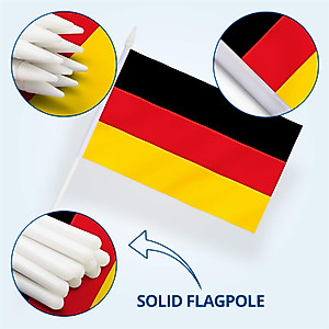 Anley Germany Mini Flag 12 Pack - Hand Held Small Miniature German Flags on Stick - Fade Resistant & Vivid Colors - 5x8 Inch with Solid Pole & Spear Top