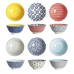 Amazingware Porcelain Salad Bowls - 18 Ounce for Cereal, Soup, Salad and Pasta, Bowl Set of 6, Assorted Designs