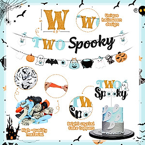 K KUMEED Halloween 2nd Birthday Party Decorations,Blue Two Spooky Themed Banner,Cute Ghost Eyeballs Hat Cake Topper and Latex Balloons for Halloween 2 Year Old Boys Party Favor Supplies
