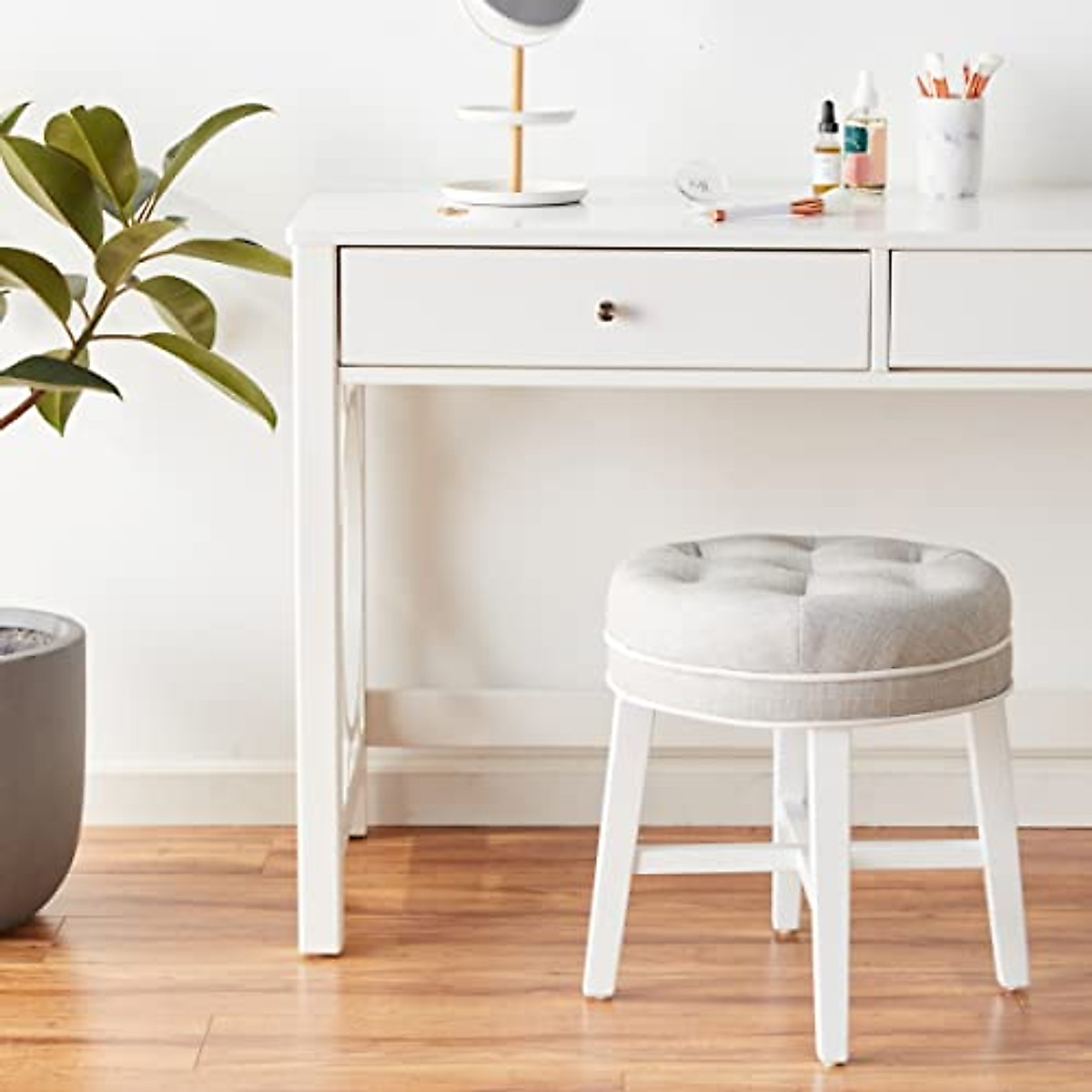 Hillsdale, Sophia Round Tufted Wood and Upholstered Backless Vanity Stool for Makeup Room or Bathroom, Gray