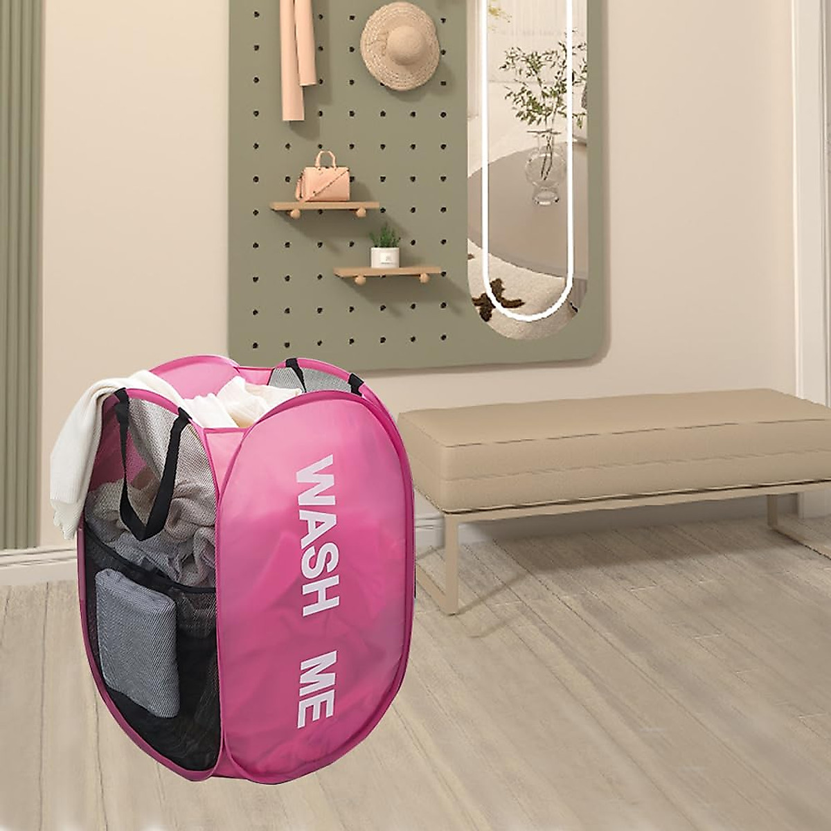 Larpur Pop Up Laundry Baskets, 2 Pack Mesh Laundry Hampers Collapsible Clothes Hampers for Home, Dorm, Travel (Black + Pink)