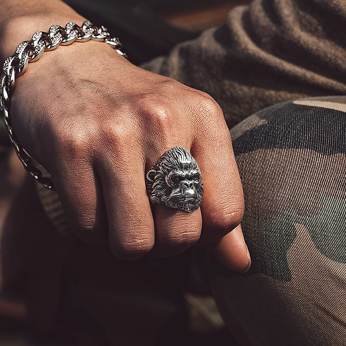 Stainless Steel Motorcycle Biker Ring Big Gorilla Ring Retro Punk Gothic Rings Guardian Amulet Ring Size 14