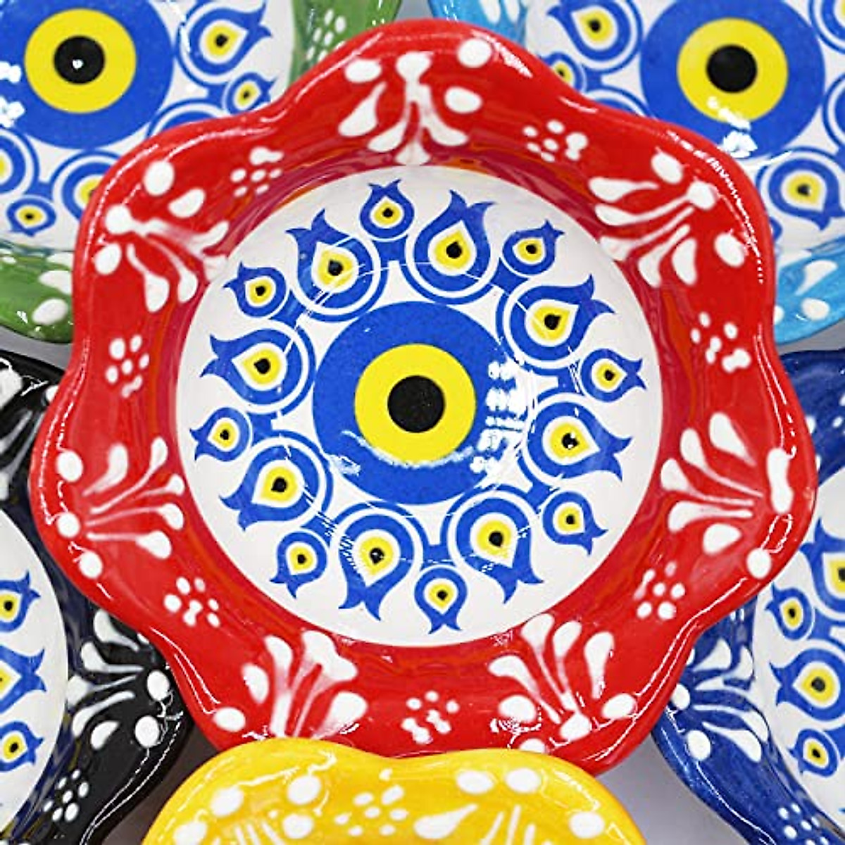 HeraCraft 6pcs Daisy Shaped Evil Eye Hand-Painted Ceramic Snack Bowls 3.74''/9.5cm-77ml/2.7 oz Decorative Nazar Design Multi-Purpose Cute Set - Pinch Sauce Dipping Finger Small Serving Bowls