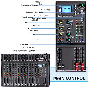 Depusheng DT12 Studio Audio Mixer 12-Channel DJ Sound Controller Interface w/USB Drive for Computer Recording Input, XLR Microphone Jack, 48V Power, RCA Input/Output for Professional and Beginners