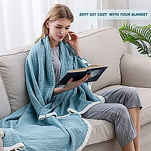 SE SOFTEXLY Cotton Muslin Blankets 4-Layer Blue Blankets for Bed Couch,Thermal Blanket for Adults Lightweight Soft Breathable Throw Blanket for All Season Gauze King Size Blanket(90"x 102",Light Blue)