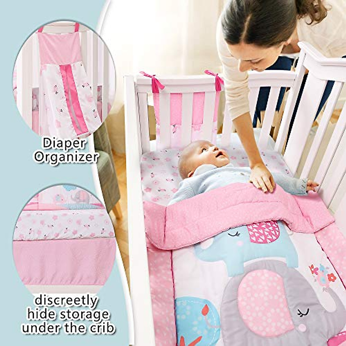 Honkaii Elephant Crib Bedding Set 4Pcs for Girls with Comforter Fitted Sheet Crib Skirt Diaper Stacker, Machine Washable, Suitable for 28 x 52 Inch Cribs, Lovely Nursery Crib Sets for Baby(Pink)