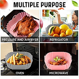BW 2-Pack Square Silicone Air Fryer Liners 8 Inch For (4 to 7 QT) Reusable AirFryer Pot Air Fryer Inserts For Oven Microwave Accessories (Grey+Pink) + (2 Anti Heat Gloves)