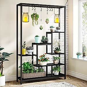 Tribesigns 5-Tier Tall Indoor Plant Stand, 70.9 inches Large Metal Plant Shelf with 6PC S Hanging Hooks, Multi-Purpose Flower Bonsai Pots Display Rack for Indoor, Garden, Balcony, Living Room, Black