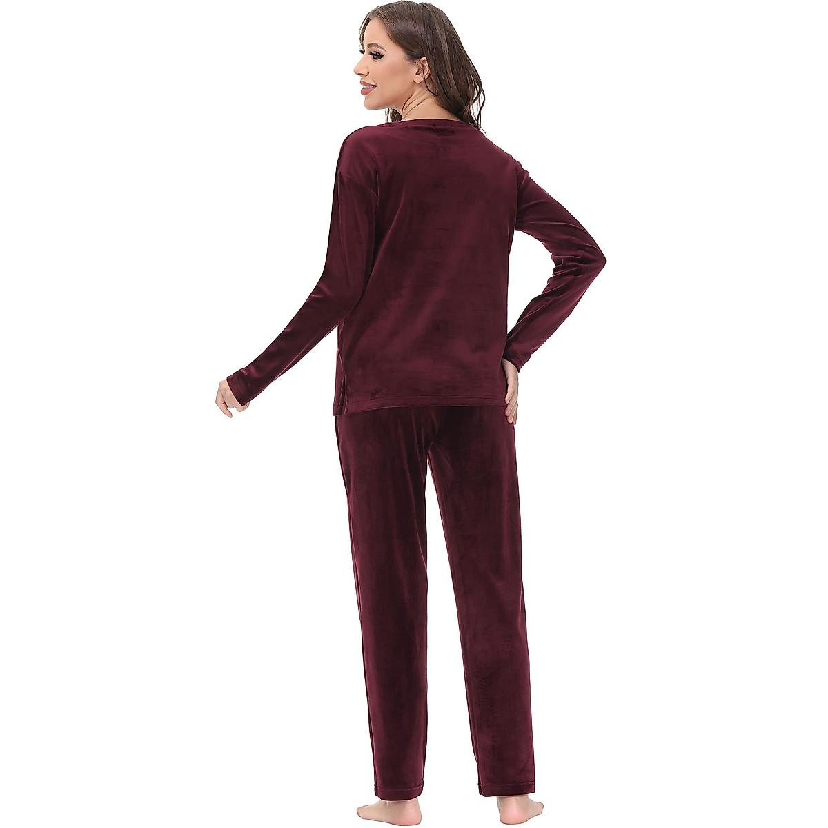 COZZIPLUS Women Velour Lounge Set 2 Piece Velvet Pajama Set Sweatsuit Crew Neck Sweatshirt and Elastic Waist Sweatpant(Burgundy,M)