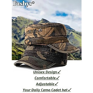 Fasbys Military Army Cadet Hat Men Women Unisex Cotton Flat Top Camo Baseball Cap Adjustable Daily Sports Camping Hat