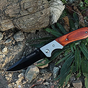 TAC FORCE Spring Assisted Folding Pocket Knife – Black Stainless Steel Drop Point Blade, Brown Wood Handle with Stainless Steel Bolster, Pocket Clip, Tactical, EDC, Rescue - TF-469