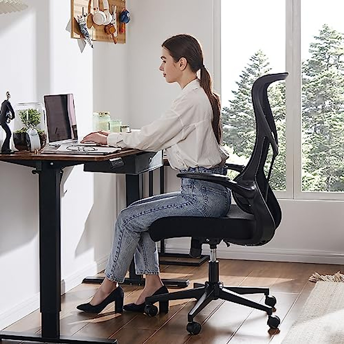 Ergonomic Office Chair, Mid Back Computer Chair with Adjustable Height, Swivel Chair with Flip-Up Arms and Lumbar Support