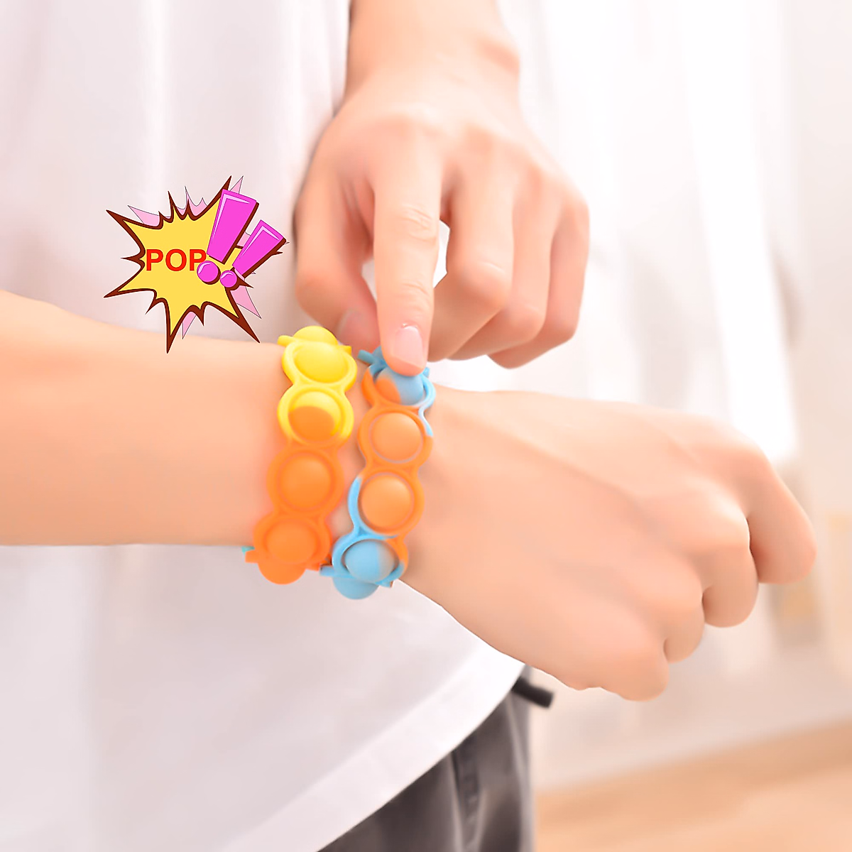 Flyingseeds 6 Packs Push Pop Fidget Bracelet Fidget Toys for Kids & Adults, Anxiety Stress Relief Finger Press Bracelet Multicolor Wristband, Durable and Adjustable Hand Toy for Party Favors