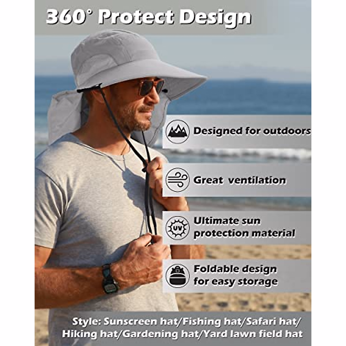 Wide Brim Sun Hat with Neck Flap, UPF 50+ Hiking Safari Fishing Caps for Men and Women Gray