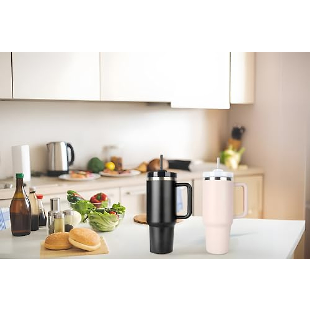 5PCS Metal Straws with Silicone Flex Tip and Cleaning Brush, Reusable Stainless Steel Straw to Fit 40 oz Stanley Tumbler and 24 oz Starbucks Cup (8mm Black)