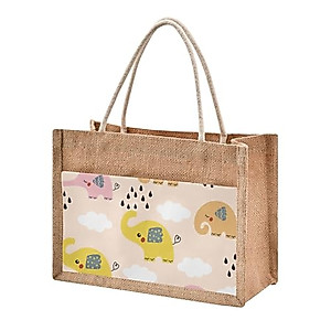 Jute Tote Burlap Bag Elephant Pink Clouds Rain Drops Cute Animal Gift Bag Women DIY Work Grocery Storage Bag