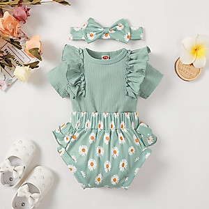 Newborn Baby Girl Clothes Infant Short Ruffle Romper Floral Pants Baby Girl Summer Outfits (Green, 3-6 Months)
