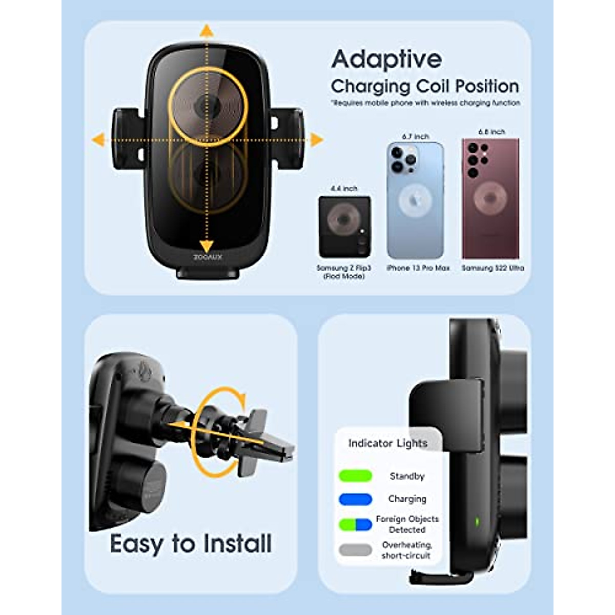 [Auto-Alignment Coil Version] ZOOAUX Wireless Car Charger, 15W Auto Clamping Car Charger Mount Air Vent Charging Phone Holder for iPhone 13 12 11 Xs X 8, Samsung Galaxy Z Flip3 S22 S21 S9 Note 10, etc