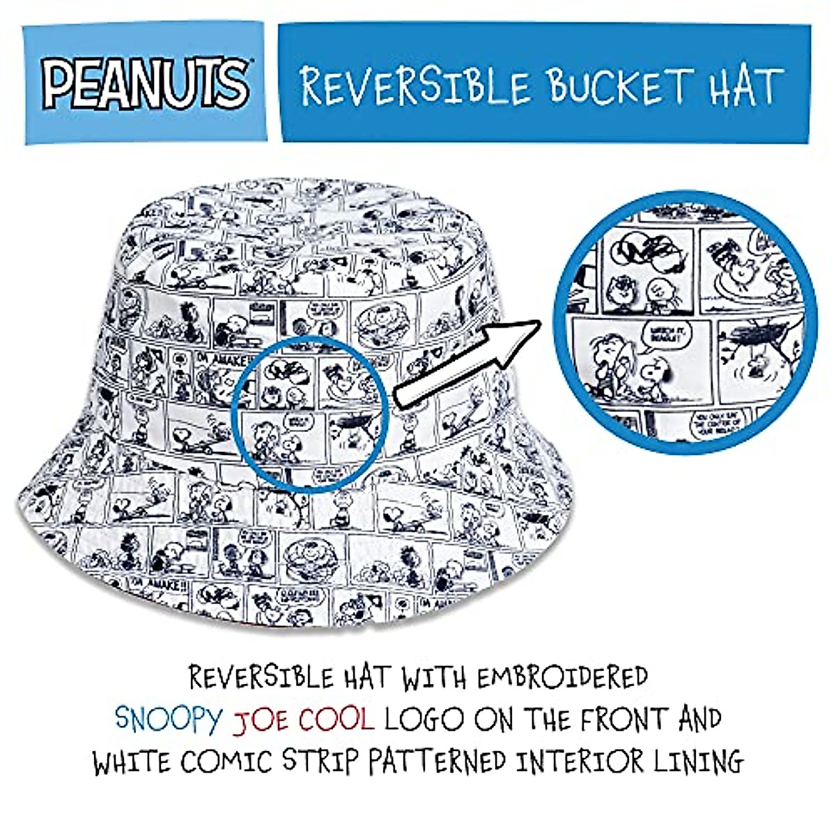 Peanuts Snoopy Bucket Hat, Packable Travel Hat, Wide Brim Summer Hat