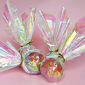 SYOGUA Iridescent Pink Cellophane Wrap Roll (17 in Wide x 66 ft Long) Colorful Gift Wrap Cellophane Roll Transparent Iridescent Cellophane Wrapping Plastic for Baskets, Treats, DIY Craft, Gifts