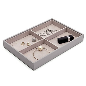 Vlando Jewelry Tray - Faux Leather Glass-top Jewelry Storage Organizer - Earring Necklace Bracelet Ring Display Desktop Drawer Chest, 4-Layer w/Clear Lid, Grey