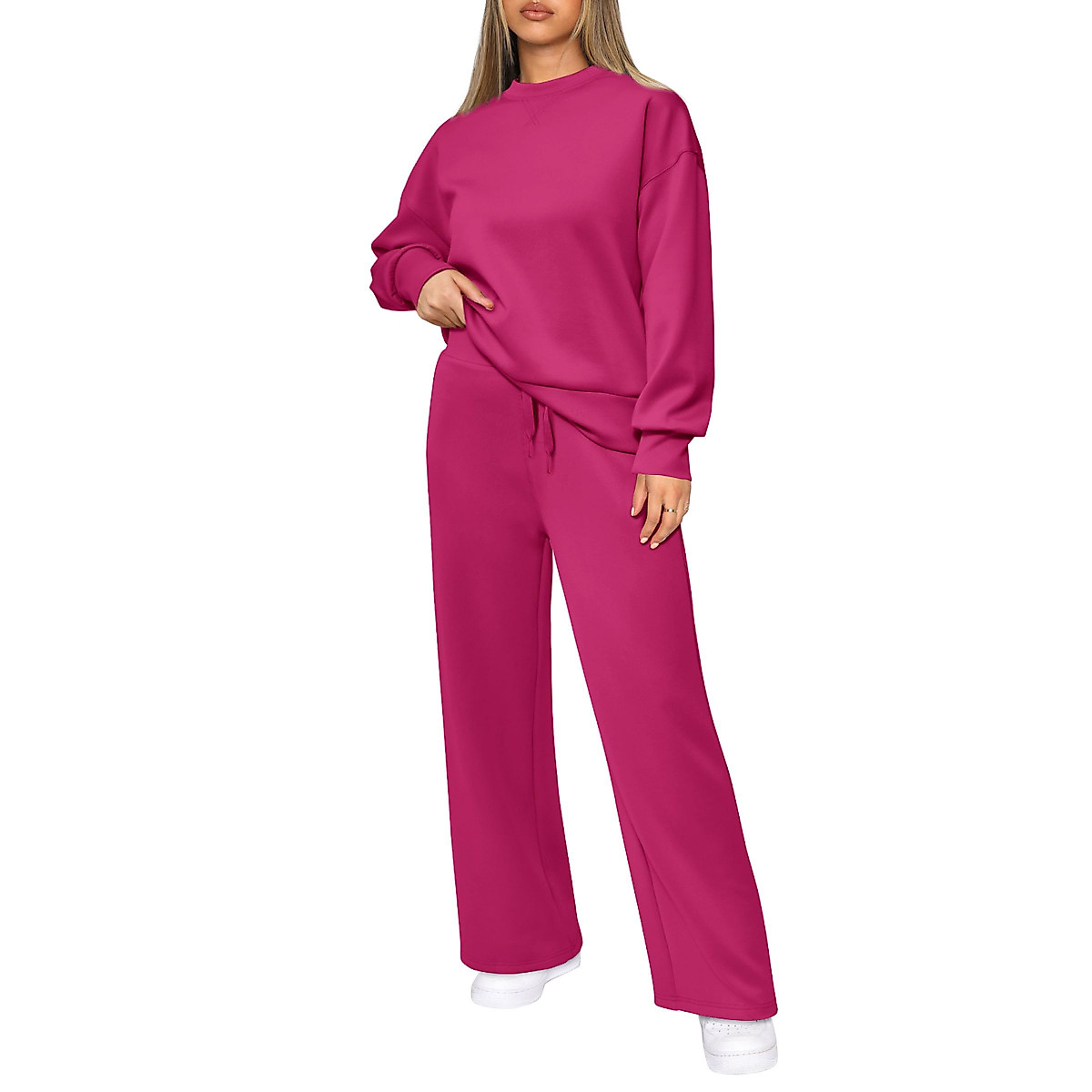 PRETTYGARDEN Women Two Piece Sweatsuits 2024 Long Sleeve Pullover Tops Wide Leg Pants Sets Matching Sweat Outfits (Rose Red,Large)