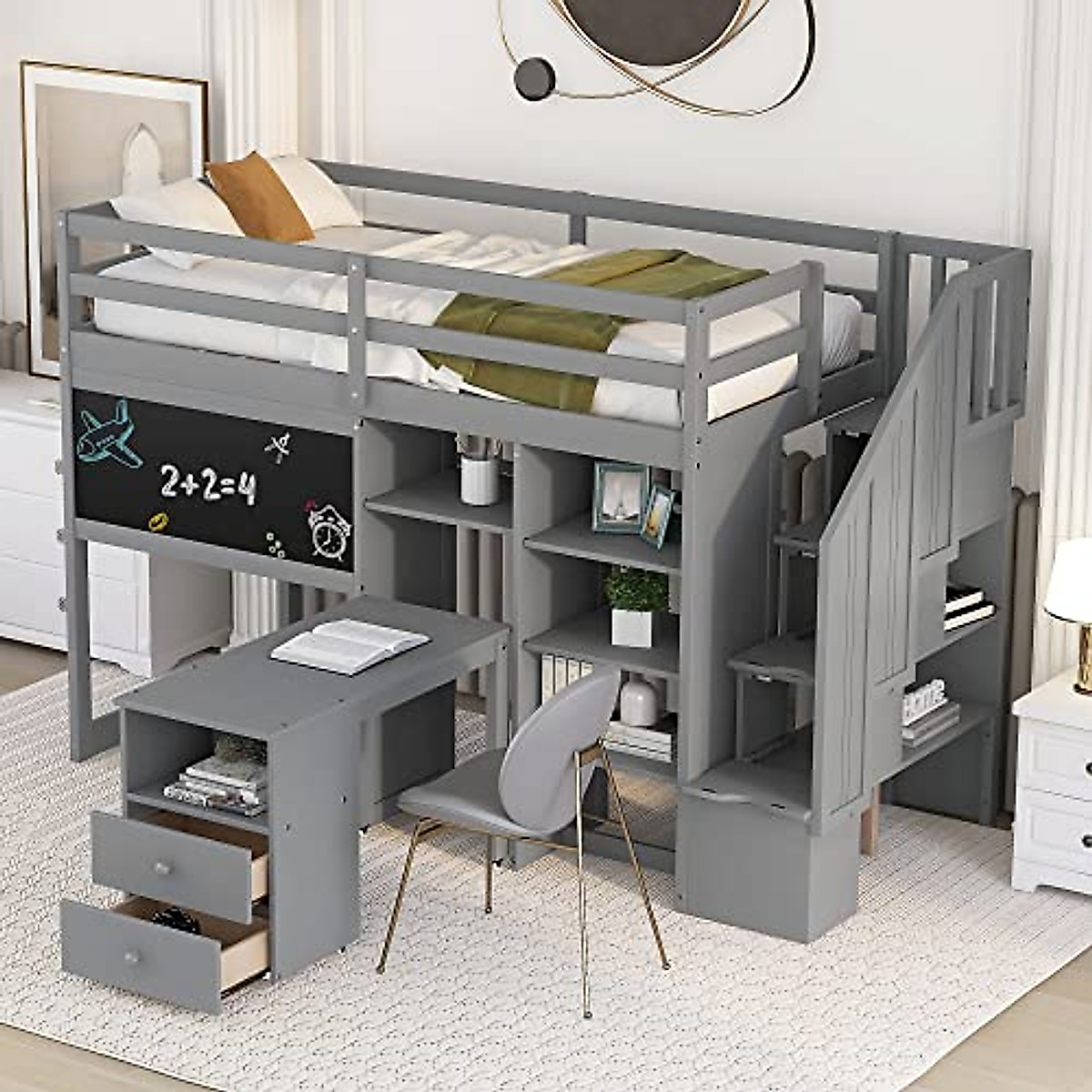 Harper & Bright Designs Twin Loft Bed with Stairs, Solid Wood Loft Bed with Pullable Desk and Storage Shelves and Blackboard, for Bedroom, Dorm, Boys, Girls, Adults (Twin Size, Gray)