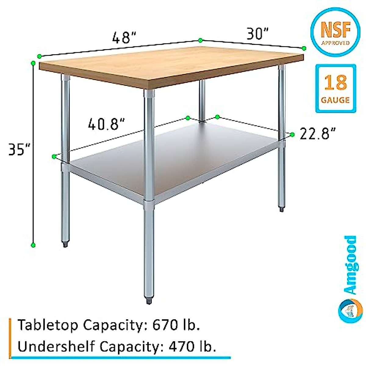 AmGood 30" x 48" Maple Wood Top Work Table with Adjustable Undershelf