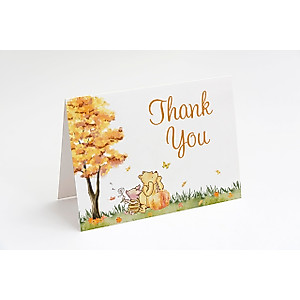 Winnie the Pooh Baby Shower Thank You Cards Pooh Bear Cute Cartoon Storybook Autumn Fall Leaves Pumpkin Piglet Nostalgic Unisex Gender Neutral Printed Cards (24 Count)