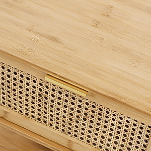 Rattan Nightstand 2 Drawer, Bamboo and Rattan Mid Century Modern Nightstand, Bedside Table Accent End Table Side Table for Bedroom, Living Room (Natural + Bamboo)