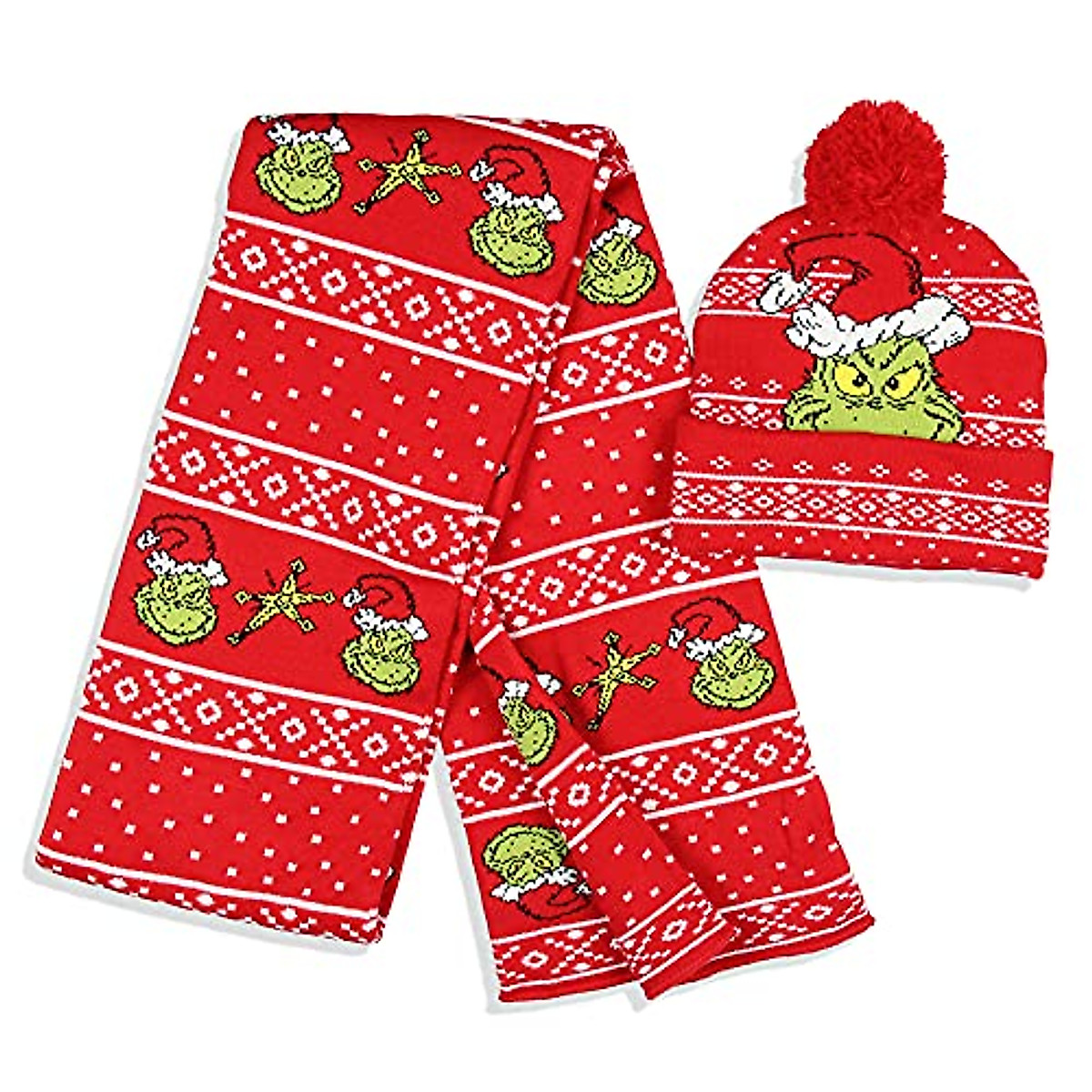 Dr. Seuss The Grinch Who Stole Christmas Knit Scarf & Pom Beanie Set