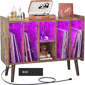 Unikito Large Record Player Stand with Vinyl Storage and LED Light, Vinyl Record Storage Cabinet with Power Outlet, Record Player Table, Turntable Stand with Wood Legs for Living Room, Bedroom, Office