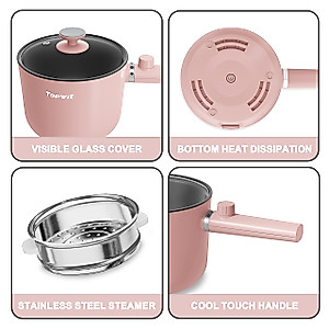 Topwit Hot Pot Electric with Steamer, 1.5L Ramen Cooker, Non-Stick Frying Pan, Electric Pot for Pasta, BPA Free, Electric Cooker with Dual Power Control, Over-Heating & Boil Dry Protection, Pink