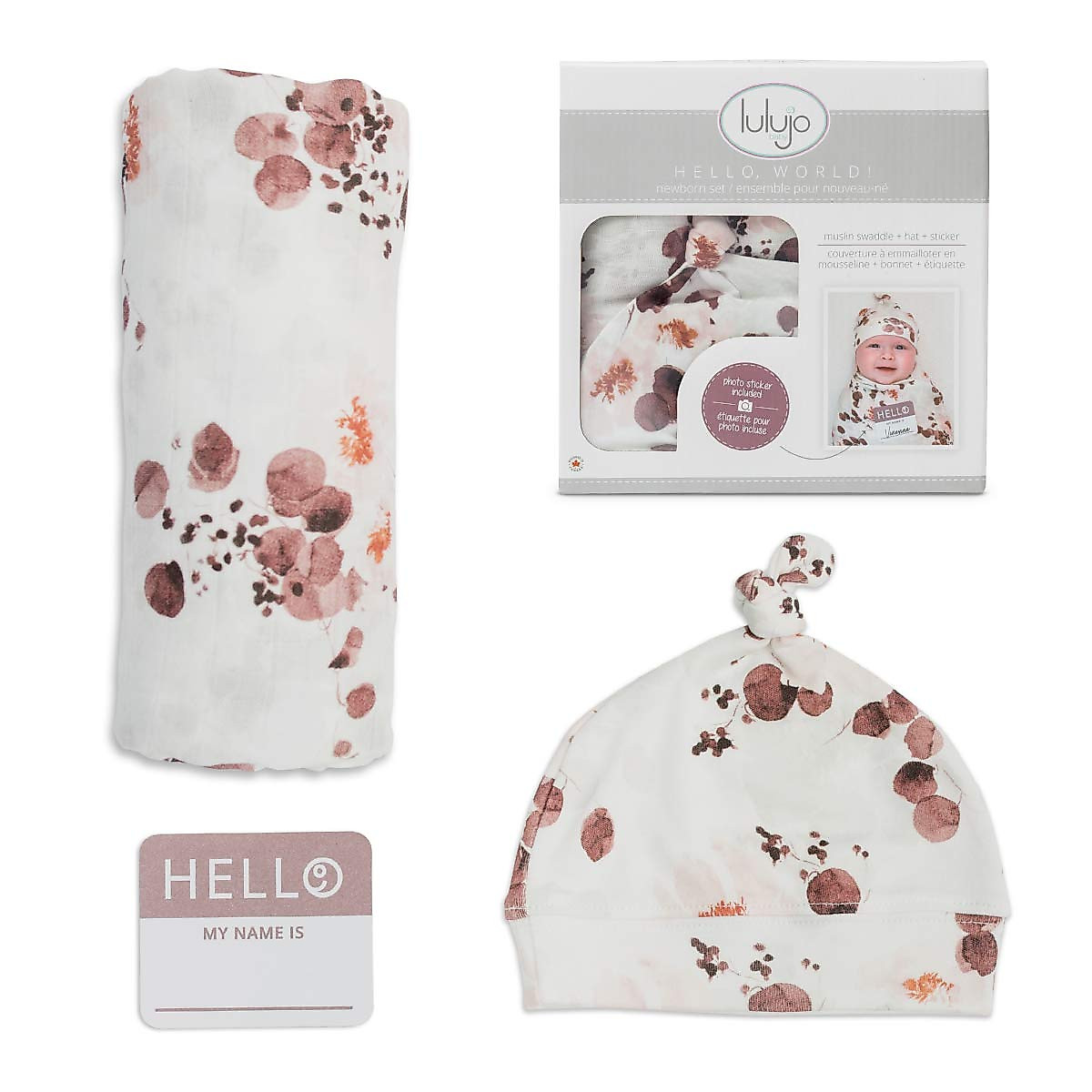 lulujo Birth Announcement Hat & Swaddle Blanket Set| Unisex Softest Bamboo Muslin Baby Swaddle Blanket| Neutral Receiving Blanket | 47in x 47in| Bamboo Knot Hat | Hello! Birth Announcement Sticker