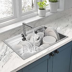 BANLICALI Hidden Single Bowl Sink, Commercial Rectangular Stainless Steel Kitchen Sink with Folding Faucet, Covers and Drain Kit, Drop-in Sink for Home, Bar, Restaurant Silver 26.7 * 17.3 * 9inch