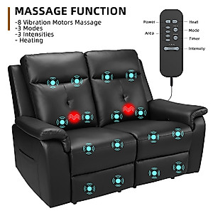 VUYUYU 2 Seater Recliner Sofa - Double Reclining Loveseat with Massage & Heating - PU Leather Home Theater Seating Manual Recliner Motion Living Room Chair (Black)