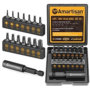Torx Bit Set, Amartisan 15-Piece Security Torx Bit Set, Tamper Resistant Star Bits Set S2 Steel, 1" Long T4 - T40 and 1/4”Magnetic Extension