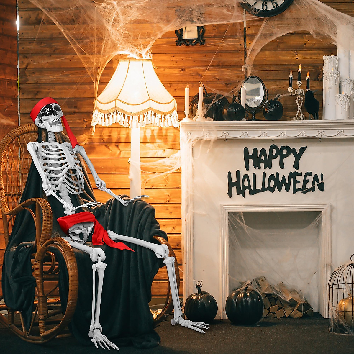 Fovths 5.4Ft/165 cm Pre-Assembled Halloween Skeleton Decoration Life-Size Skeleton Full Body Posable Human Bone with Movable Joints Headband Belt Eye Patch for Halloween Outdoor Yard Haunted House