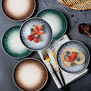 Aquiver 6'' Ceramic Dessert Plates - Porcelain Water Wave Relief Texture Appetizer Plates - Tea Party Small Serving Plates for Cake, Pie, Snacks, Ice cream, Side dish, Waffles, Set of 6 (3 Colors)