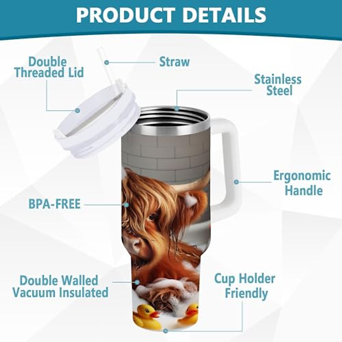 RPLIFE Highland Cow in Bathtub Stainless Steel Coffee Tumbler, Insulated Tumbler, Tumblers for Women