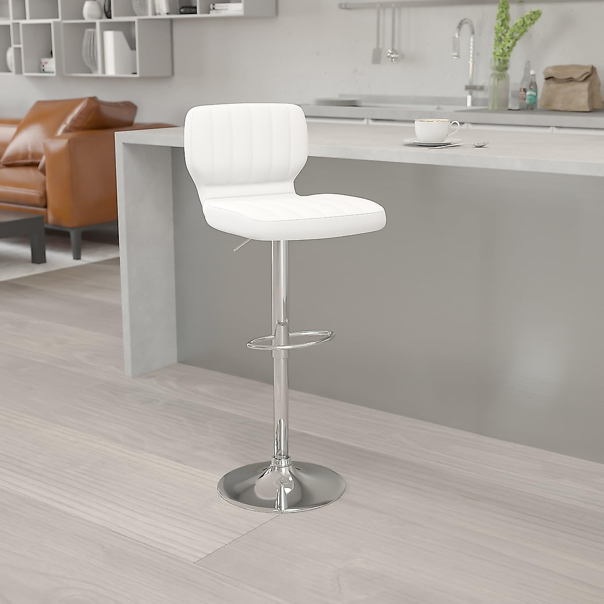 Flash Furniture Jeremy Contemporary White Vinyl Adjustable Height Barstool with Vertical Stitch Back and Chrome Base