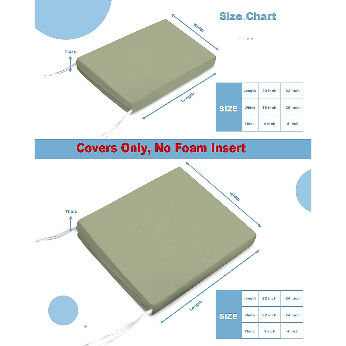 Hokiten Sage Green Outdoor Cushion Chair Cover Set of 2 - Waterproof Couch Seat Covers, Farmhouse Sage Green Decor Patio Furniture Protector Cushions Slipcovers for Sofa/Garden/RV, 20"x18"x4"