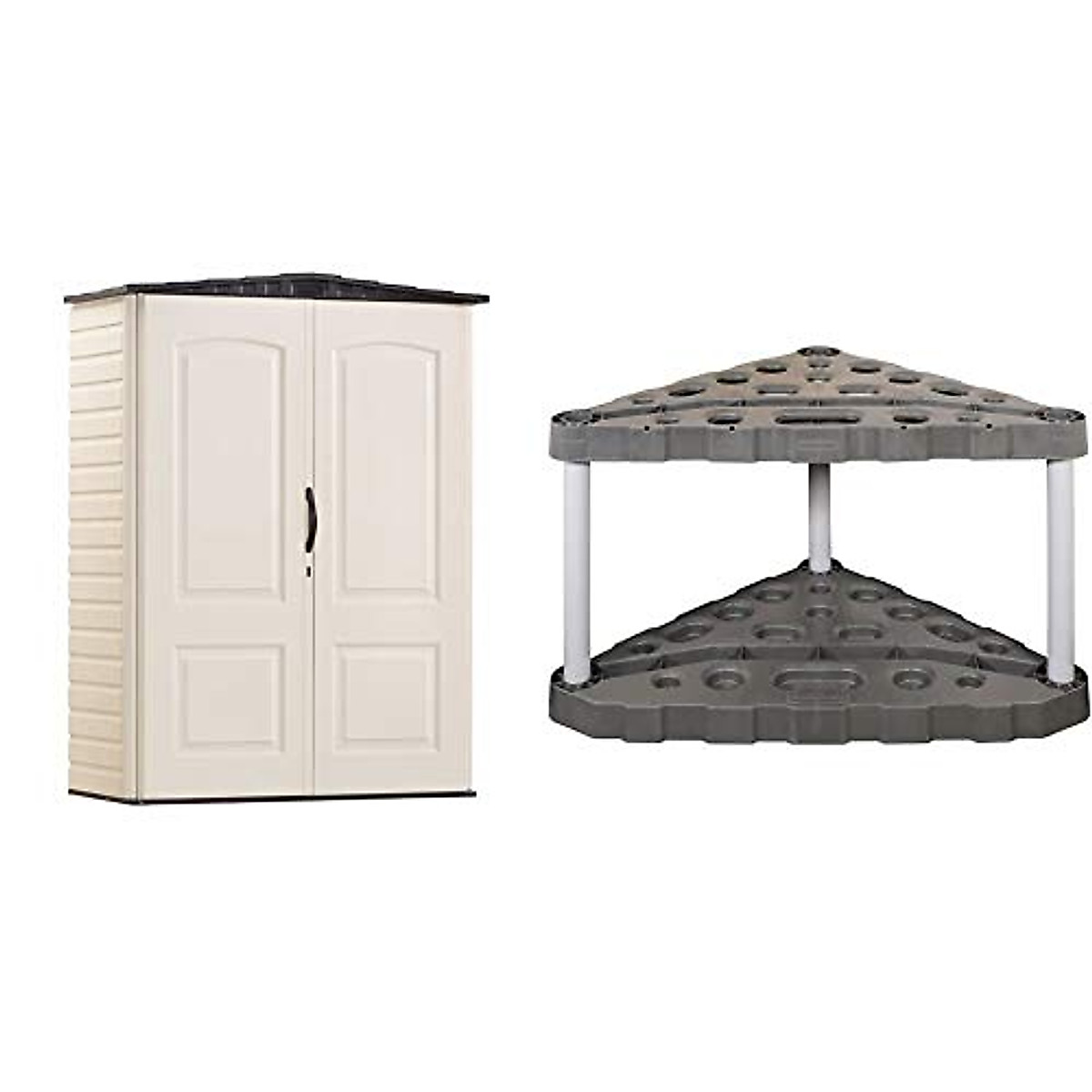 Rubbermaid Storage Shed 5x2 Feet, Sandalwood/Onyx Roof (FG5L1000SDONX), Sandstone & Corner Tool Rack, Tool Organizer, Broom Holder and Garden Tool Organizer